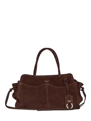 Prada Large Suede Shoulder Bag With Gold Tone Hardware - Brown