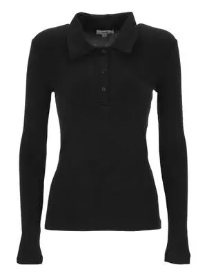 AGOLDE Ribbed Knit Collared Long Sleeve Top - Black