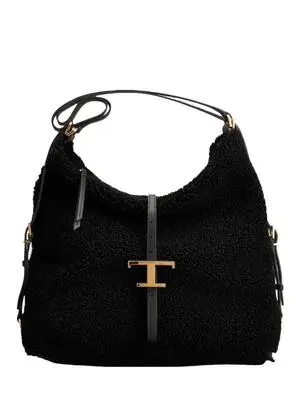 TOD'S T Plaque Shearling Tote Bag - Black