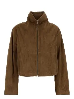 Nour Hammour Long Sleeve Suede Stand Collar Zip Up Jacket - Brown