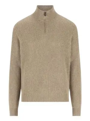 Loro Piana Ribbed Knit Pullover With Zip Neck - Beige
