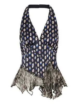 Staud Staud Sleeveless Halter Neck Printed Silk Top With Ruffle Hem Black