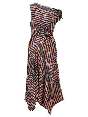 Staud Staud Portia One-Shoulder Ruched Printed Silk-Blend Midi Dress Black