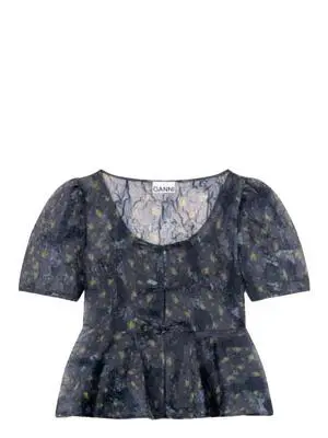 GANNI Ganni Floral Print Peplum Blouse Black