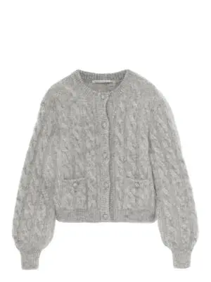 Alessandra Rich Cropped Sequin-embellished Cable-knit Cardigan - Grey