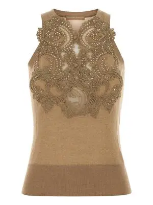 Ermanno Scervino Sleeveless Virgin Wool Knit Top With Lace Trim - Brown