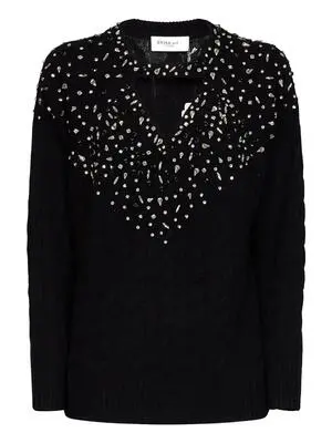 ERMANNO FIRENZE Embellished Cable-knit V-neck Sweater - Black