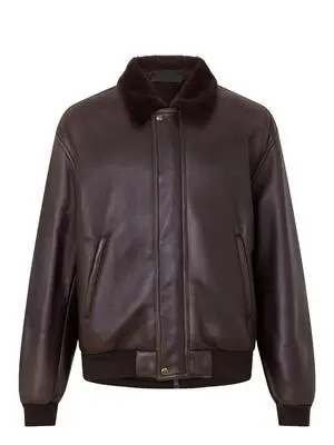 Prada Genuine Leather Bomber Jacket With Shearling Collar - Black