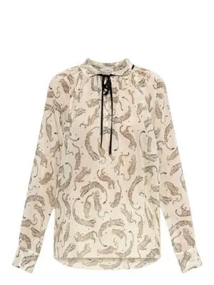 FORTE_FORTE Long Sleeve Leopard Print Blouse With Drawstring Collar - Beige