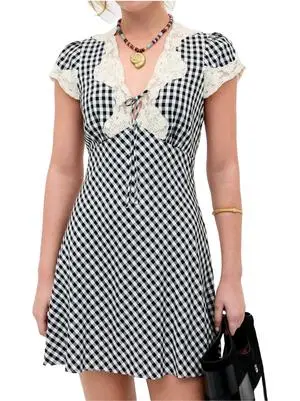 Rixo Lacie Mini Dress Gingham Check - Gray