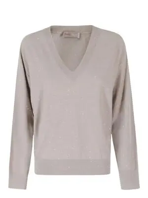 Herno Herno V-Neck Long Sleeve Sweater With Rhinestone Embellishments Gray
