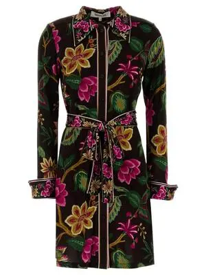 Diane Von Furstenberg Long Sleeve Floral Print Shirt Dress - Black