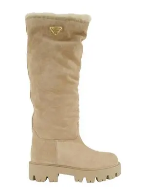 Prada Suede Knee-high Boots With Logo Embellishment - Beige
