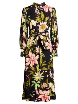 Farm Rio Long-sleeved Belted Floral Maxi Dress - Black