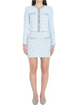 SELF-PORTRAIT Cropped Tweed Blazer With Crystal Embellishments - White