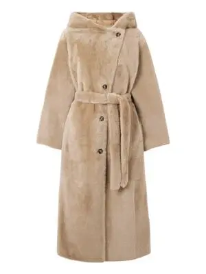 YVES SALOMON Hooded Belted Shearling Coat - Nude