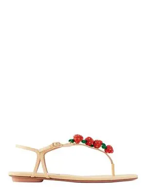 AQUAZZURA Embellished Raffia-effect Flat Sandals - Nude