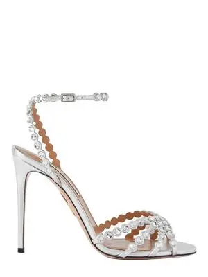 AQUAZZURA Crystal Embellished Metallic Leather Sandals - White
