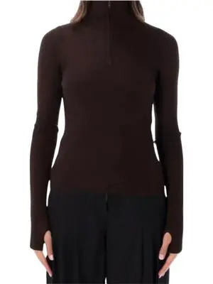 THE FRANKIE SHOP Sade Knit Zip Sweater - Brown