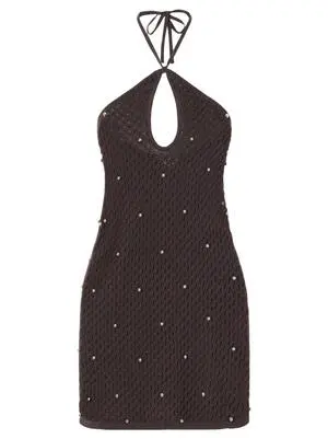 Staud Dark Brown Crochet Halterneck Mini Dress With Rhinestones - Black