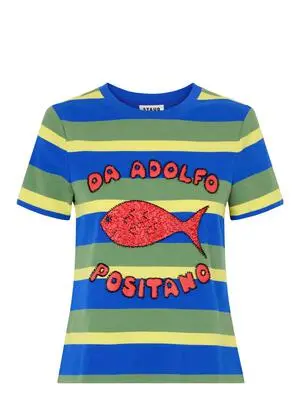 Staud Striped Print T-shirt With Embellished Fish Motif - Blue