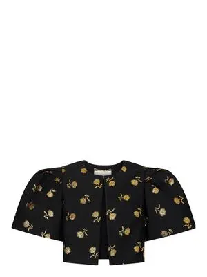 Carolina Herrera Cropped Embroidered Jacquard Evening Jacket With Puffed Sleeves - Black