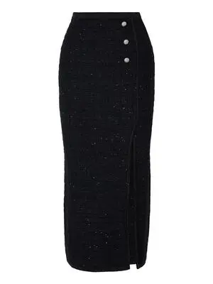 Alessandra Rich Sequined Midi Skirt With Crystal Buttons - Black