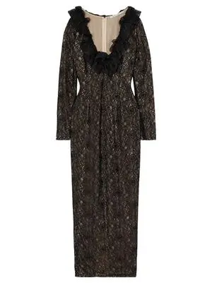 Alessandra Rich Lace Ruffle V-neck Midi Dress - Black