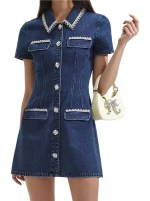 SELF-PORTRAIT Denim Collared Mini Dress With Diamond Embellishments - Blue