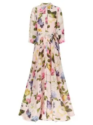 Carolina Herrera Floral Print Linen Silk Maxi Dress - Pink