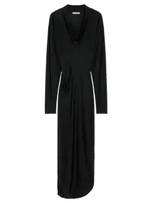 LEMAIRE V-neck Maxi Dress With Belted Waist And Draped Pocket - Black