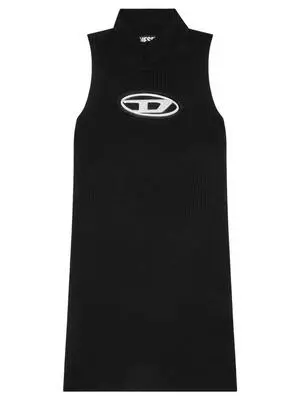 DIESEL® Ribbed Knit High Neck Mini Dress With Logo Plaque - Black