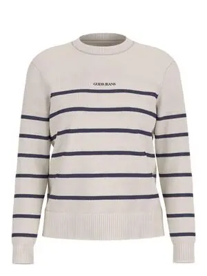 Guess Crewneck Long Sleeve Knit Sweater With Horizontal Stripes - White
