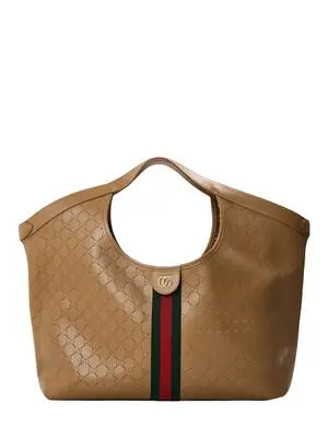 Gucci Leather Tote Bag With Embossed Geometric Motif - Brown