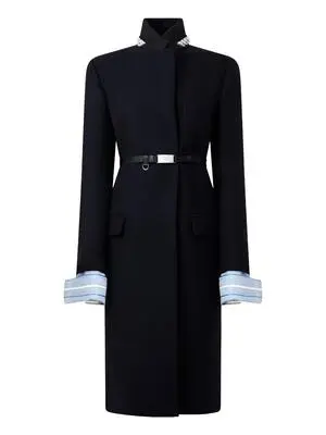Prada Prada Long Wool-Blend Coat With Stand Collar And Striped Cuffs Black