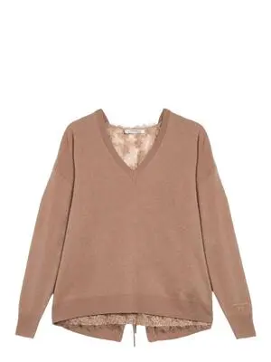 ERMANNO FIRENZE ERMANNO FIRENZE V-Neck Wool-Cashmere Blend Knit Top With Lace Detailing