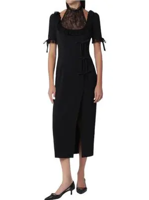 Alessandra Rich Paneled Midi Dress With High Neck And Slit - Black