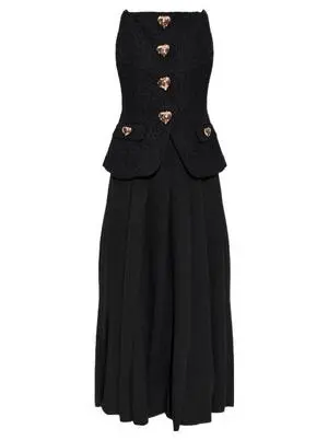 SELF-PORTRAIT Sleeveless Textured Bodice With Pleated Midi Skirt And Embellished Heart Buttons - Black