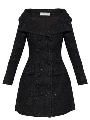 SELF-PORTRAIT Off-shoulder Double-breasted Tweed Mini Dress - Black