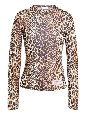 GANNI Ganni Leopard Print Long Sleeve Crewneck T-Shirt Nude