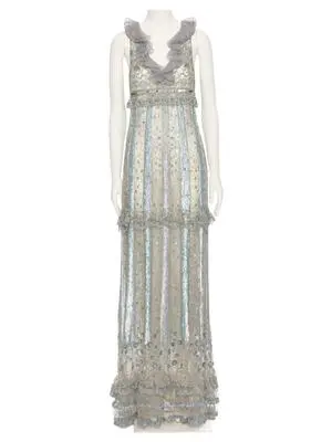 Valentino Garavani Sleeveless Embellished Ruffled Dress - Gray