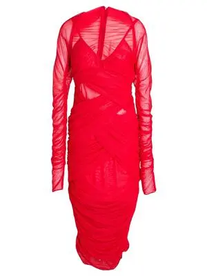 DOLCE & GABBANA Dolce & Gabbana Red Tulle Sweetheart Neckline Long Sleeve Dress