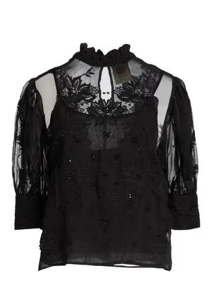 FARM RIO Farm Rio Black Organza Embroidered Short-Sleeve Top