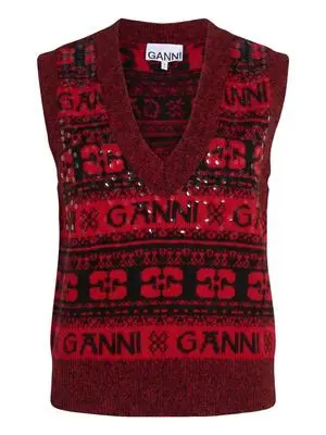 GANNI Color-block Knit Sleeveless V-neck Top With Sequins - Red