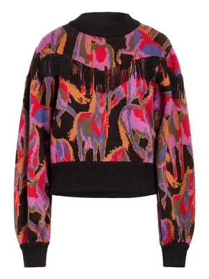 Farm Rio Jacquard-knit Pullover With Fringe And Beads - Black