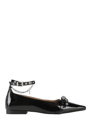GANNI Patent Pointed Toe Ballet Flats With Embellished Ankle Strap - Black
