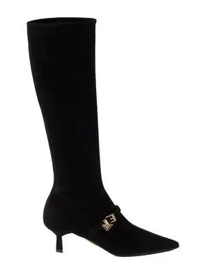 Prada Stretch Suede Knee-high Boots With Logo Buckle - Black