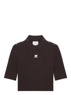 COURREGES Ribbed Knit Cropped Top With Embroidered Logo - Black