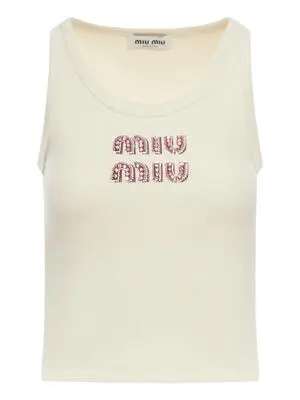 Miu Miu Ribbed Jersey Tank Top With Embroidered Logo - No