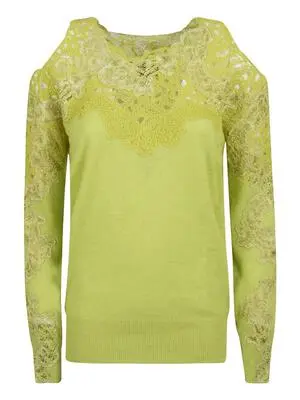 Ermanno Scervino Off-shoulder Floral Lace Knitted Top - Green